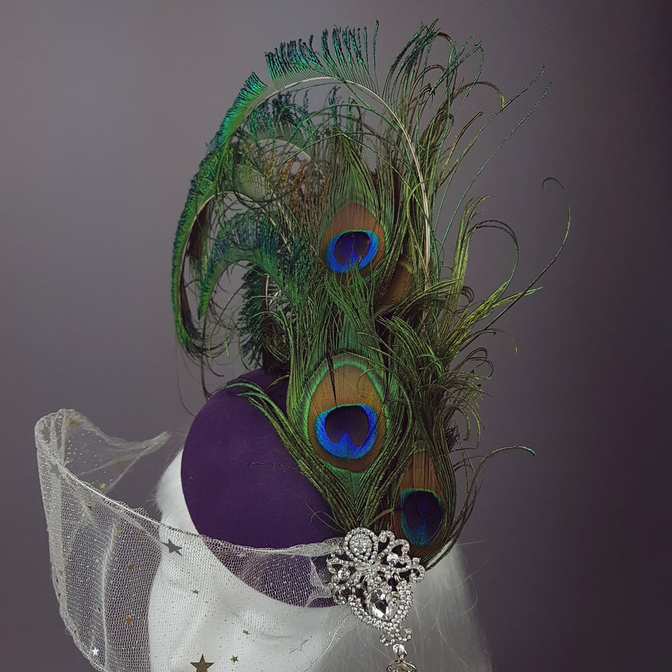 Cortesana Veiled Peacock Feather Hat Pearls And Swine